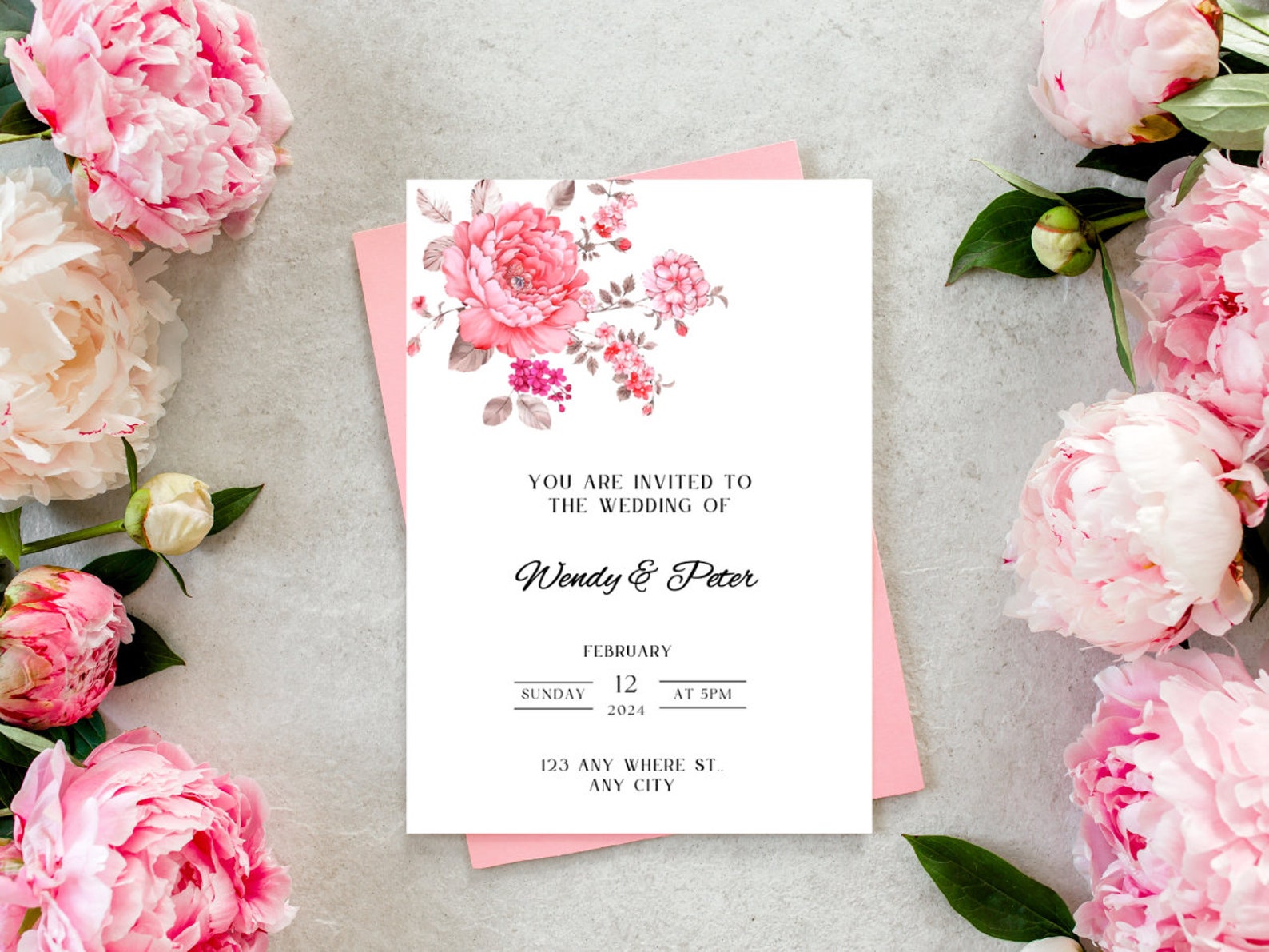 Pink Peony Wedding Invitation Template Pink Floral Wedding - Etsy