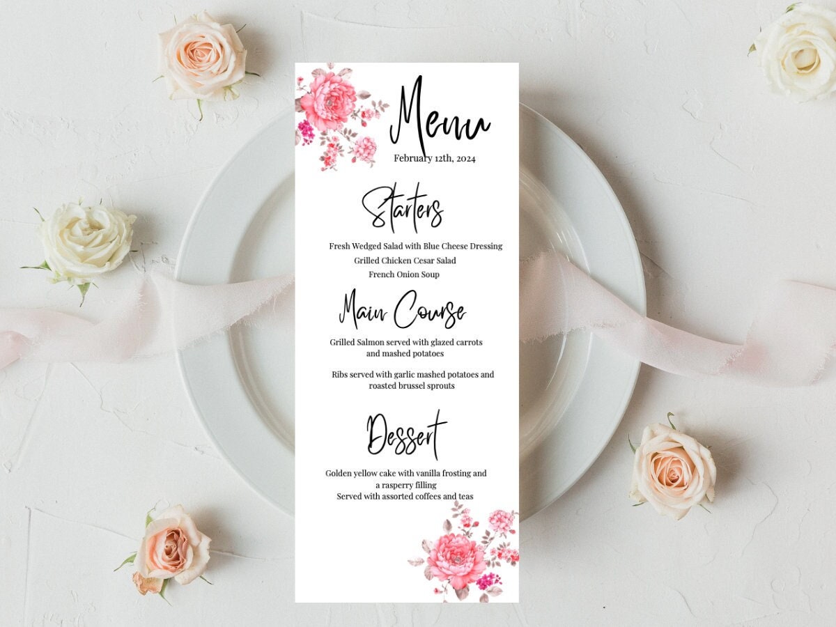 Pink Peony Wedding Menu Card,printable Menu Card Template, Wedding Menu ...