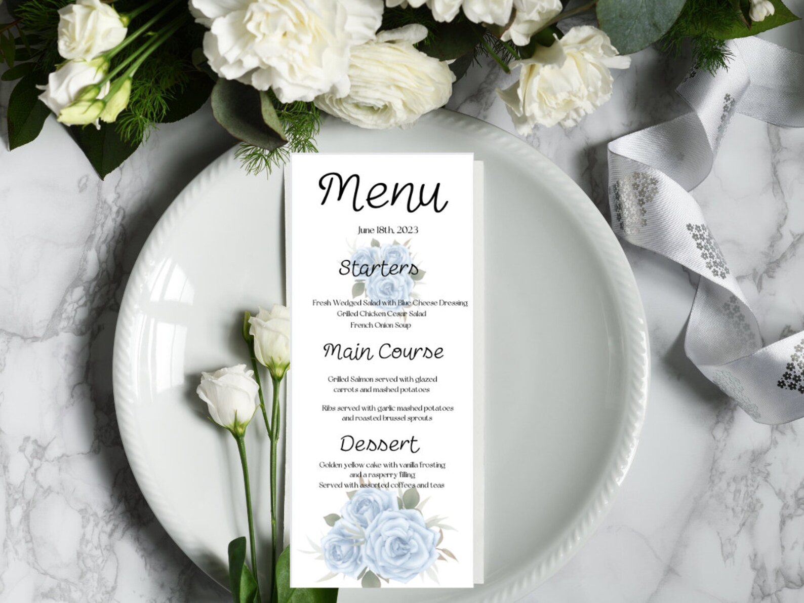 Blue Rose Wedding Menu, Wedding Menu Card Template, Canva Templates ...