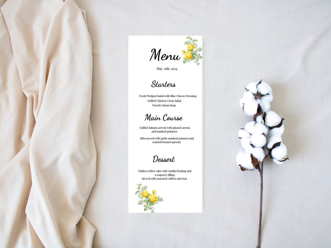 Yellow Floral Wedding Menu Card,printable Menu,wedding Menu Digital ...