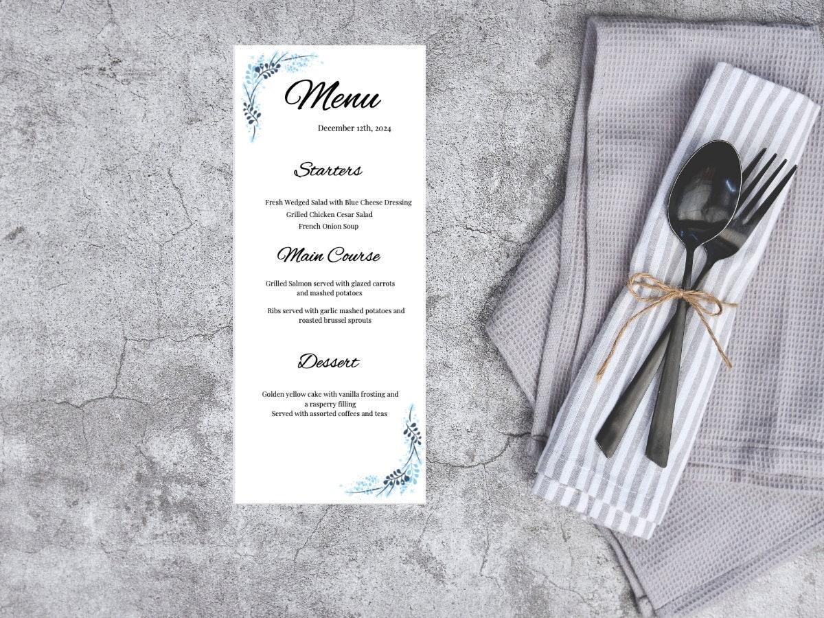 Blue Floral Wedding Menu Card, Printable Canva Template (digital) - Etsy