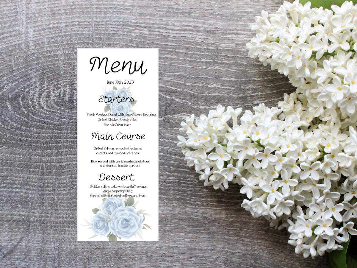 Blue Rose Wedding Menu, Wedding Menu Card Template, Canva Templates ...