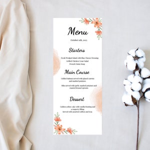 Orange Floral Wedding Menu Card,printable Menu Card Template, Wedding ...