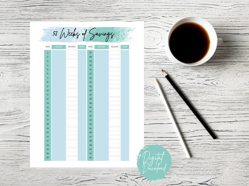 52 Week Savings Tracker Printable, Blue Tracker, Printable Saving ...