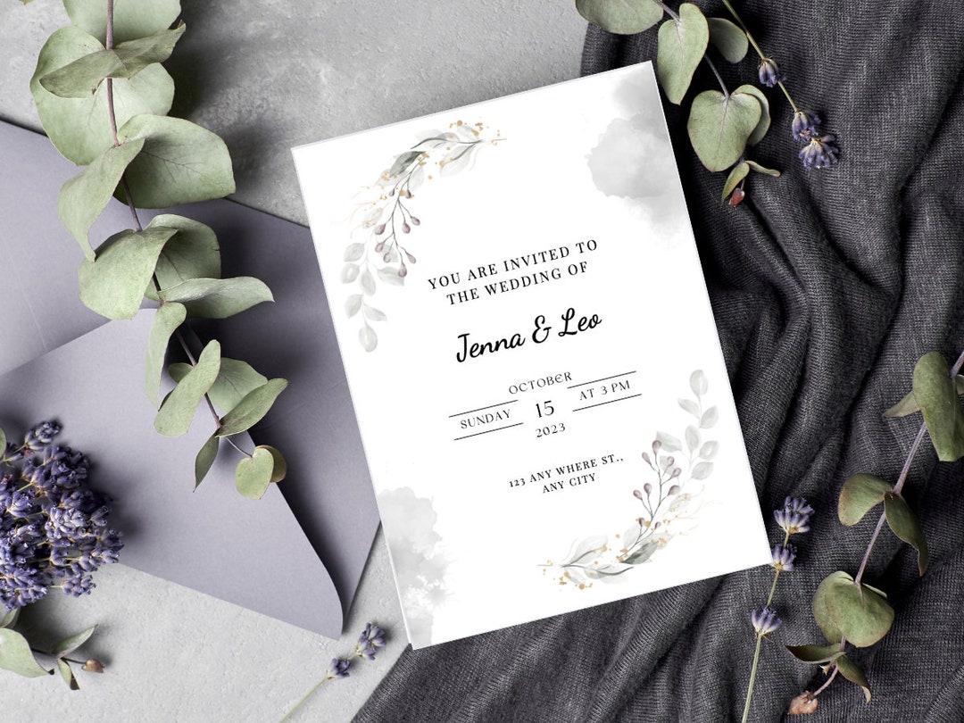 Gray Wedding Invitation Template,watercolor Wedding Invite, Printable ...