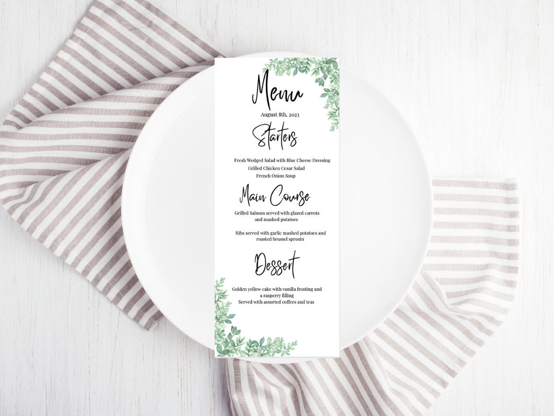 Greenery Wedding Menu Card,printable Menu Template, Minimalist Menu ...