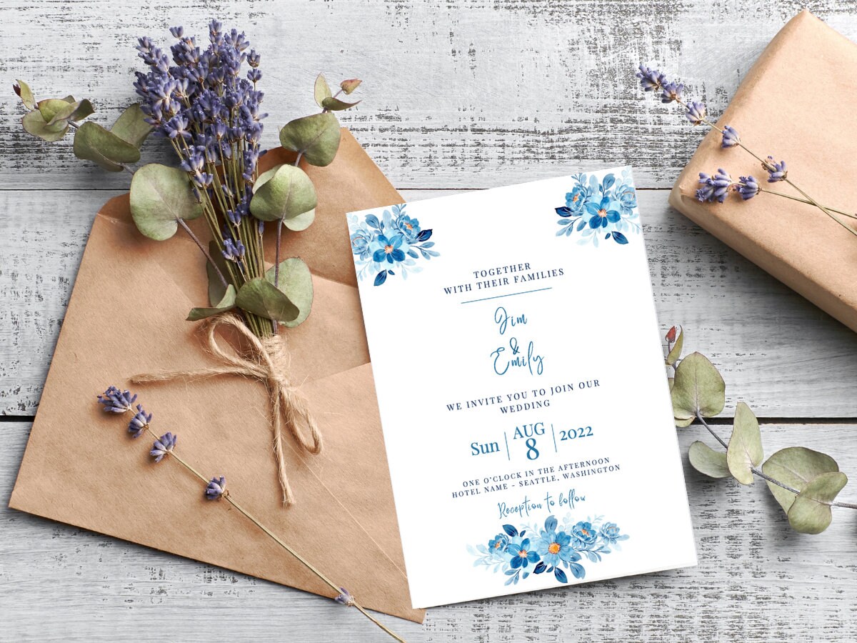 Blue Flower Wedding Invitation Template, Editable Digital Wedding ...