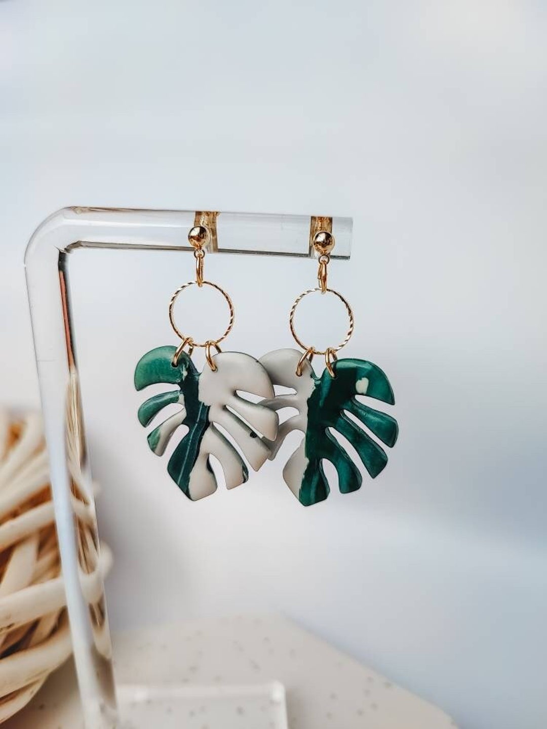 VARIEGATED MONSTERA EARRINGS Plant Dangle Earrings Green Leaf Earrings ...