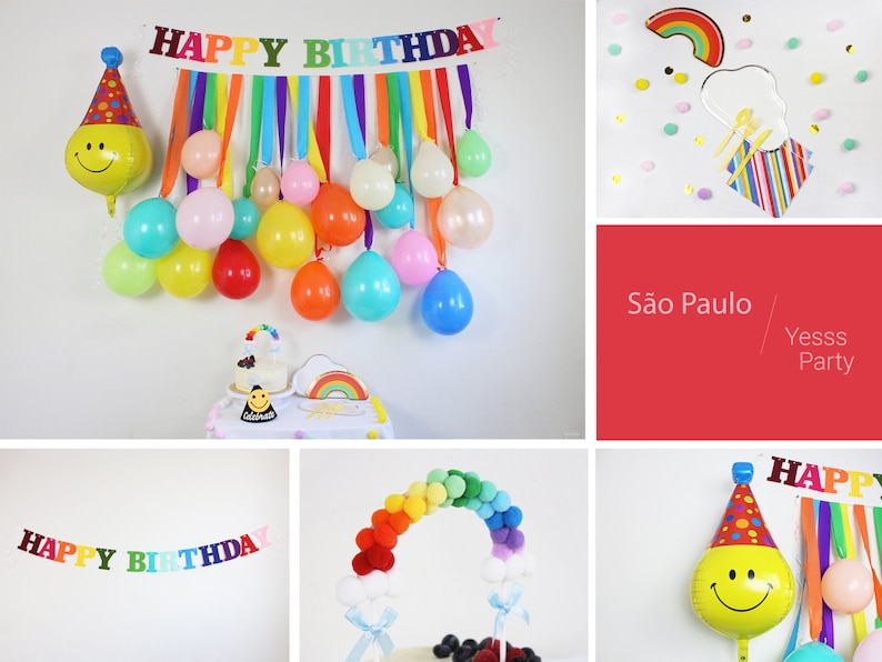 Rainbow Happy Face Party Kit: Balloons, Banner, Cake Topper, Felt Hat ...