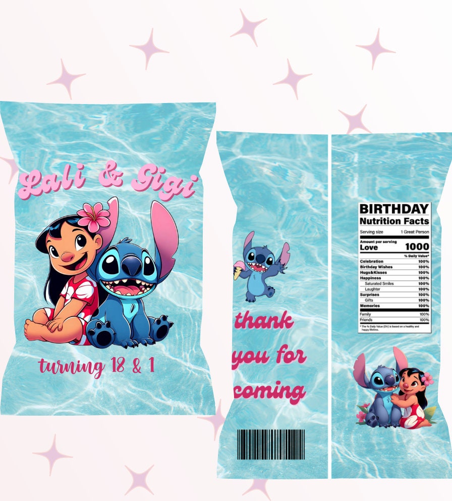 PRE-ASSEMBLED Lilo and Stitch Chip Bags Caprisun Labels Invitations 5x7 ...