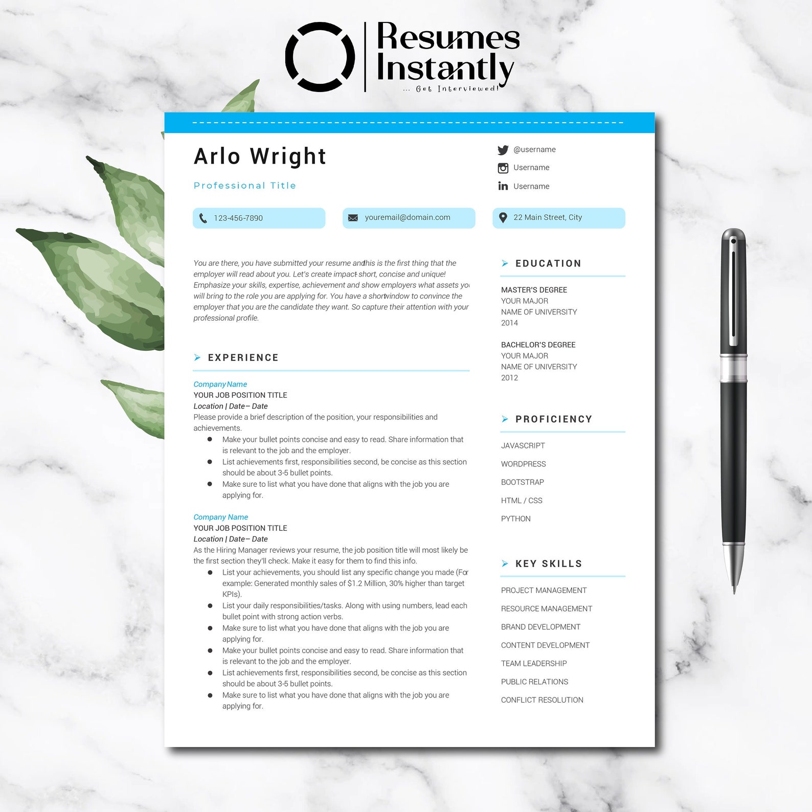 IT Resume Template, Tech Resume, Clean CV Template, Professional Modern ...