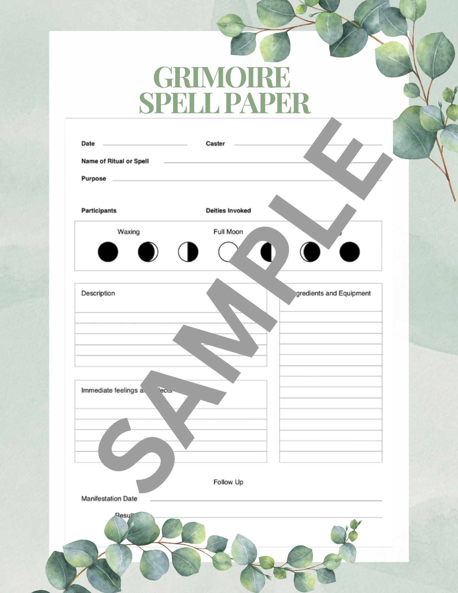 Printable Spell Journal Page | Grimoire Ritual Log | Moon Phase Tracker ...