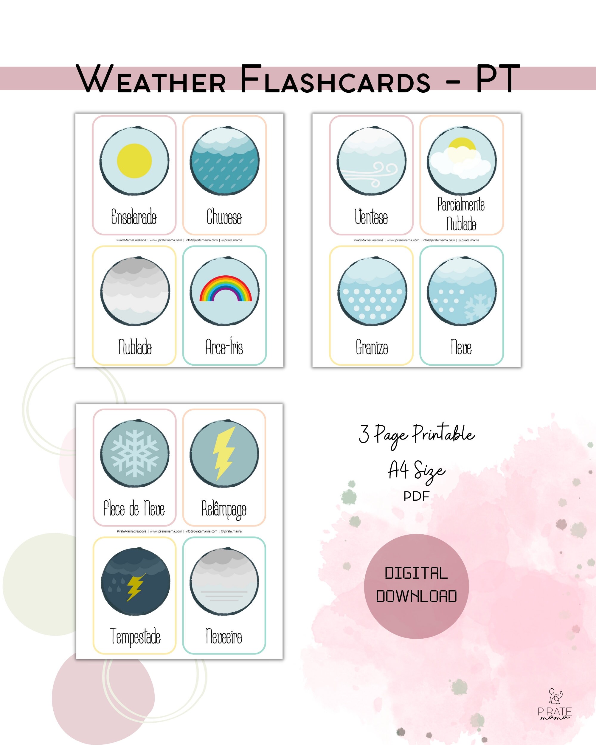 Weather Flashcards Portuguese Printable Flashcards - Etsy