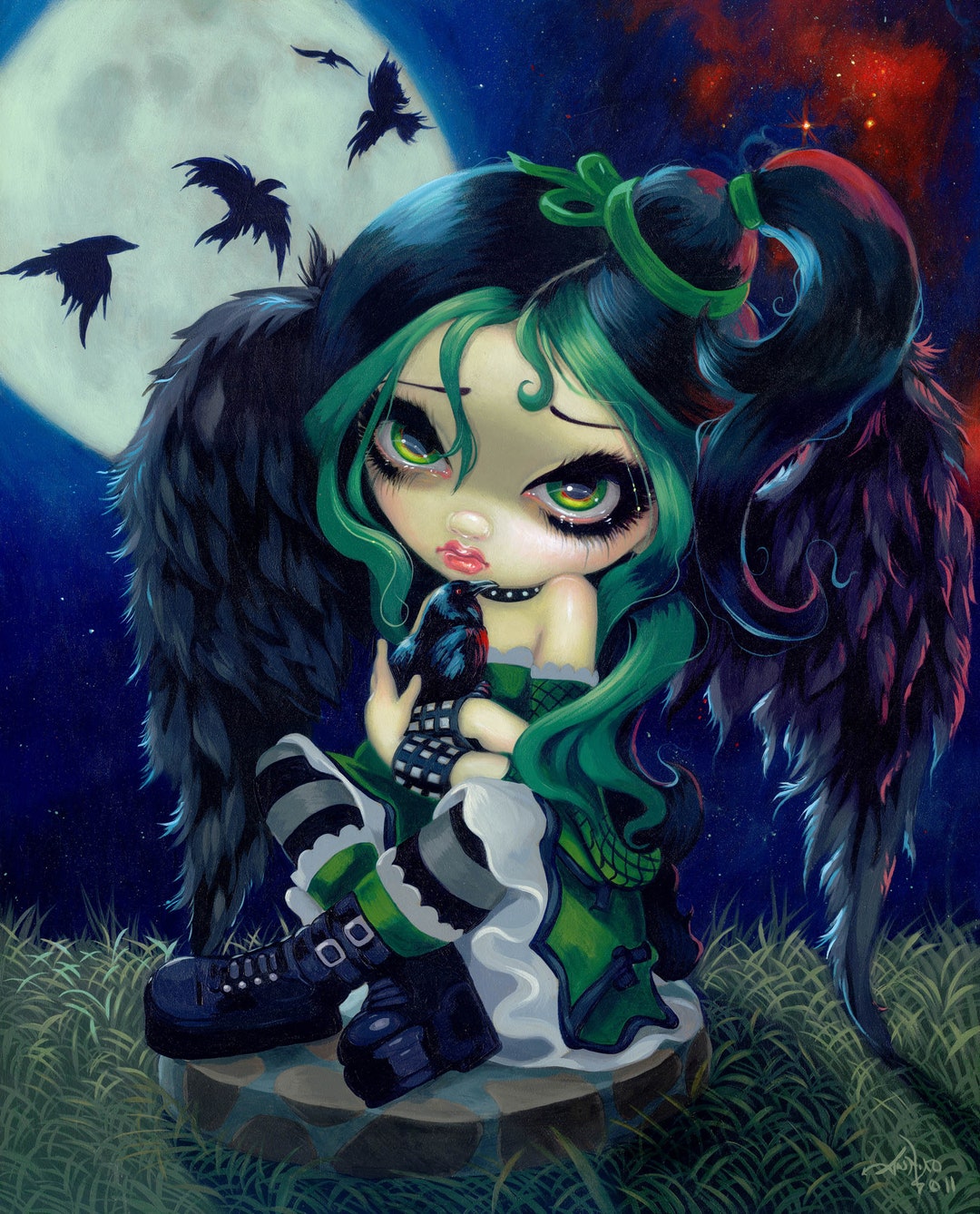 Jasmine Becket-griffith Art Print: Big Eye Goth Girl With Raven - Etsy