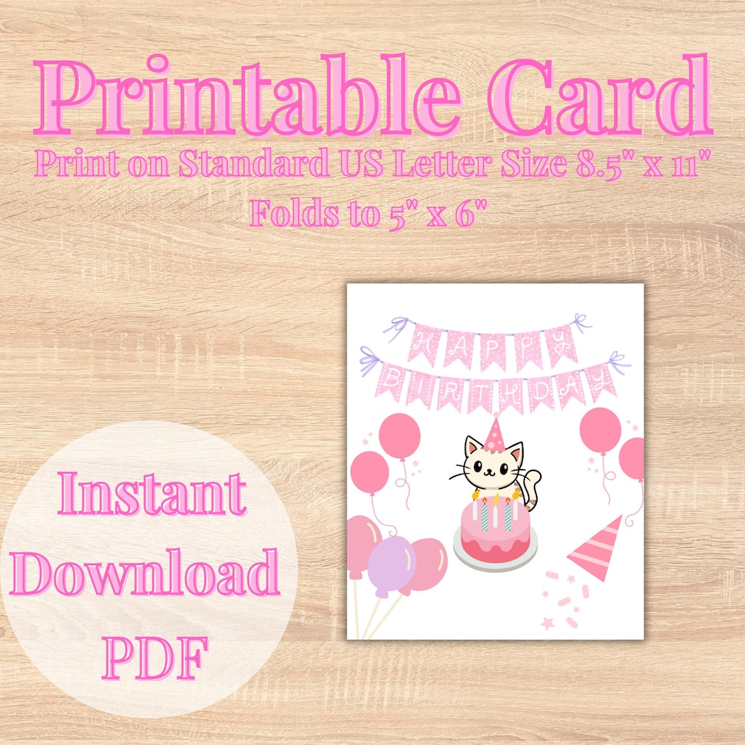 Cute Pink Kitty Birthday Card, Printable Gift for Her, Instant Download ...