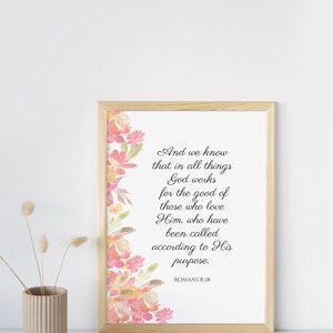Romans 8:28 Printable Bible Verse Floral Botanical Wall Art, Christian ...