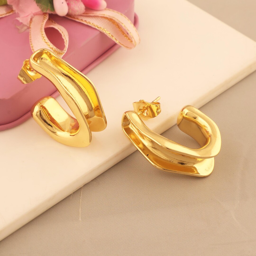 18k Gold Hammered Hoop Earring, Statement Ear Post Hoop Earring, Push ...
