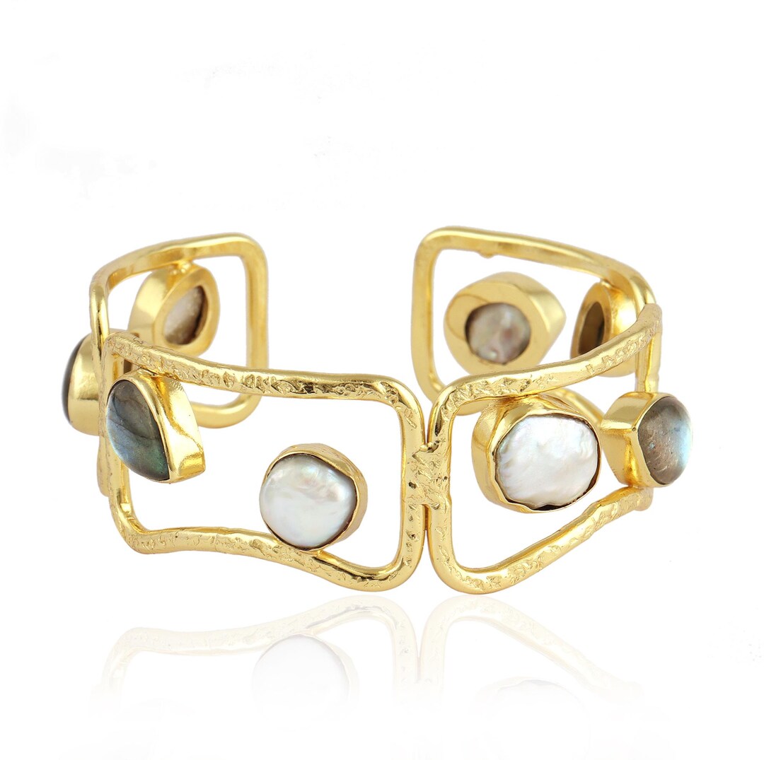 Pearl and Labradorite Bracelet, Wire Textured Band Cuff Bracelet ...