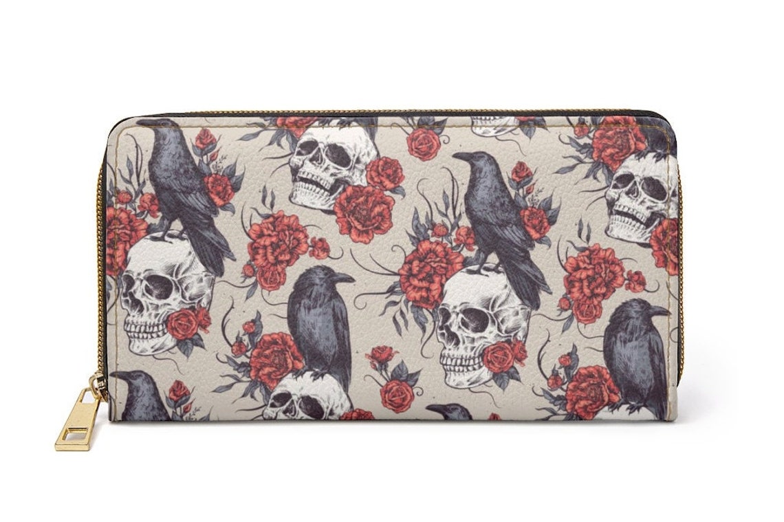 Skull Raven Wallet Goth Wallet Ravens Skulls and Roses - Etsy