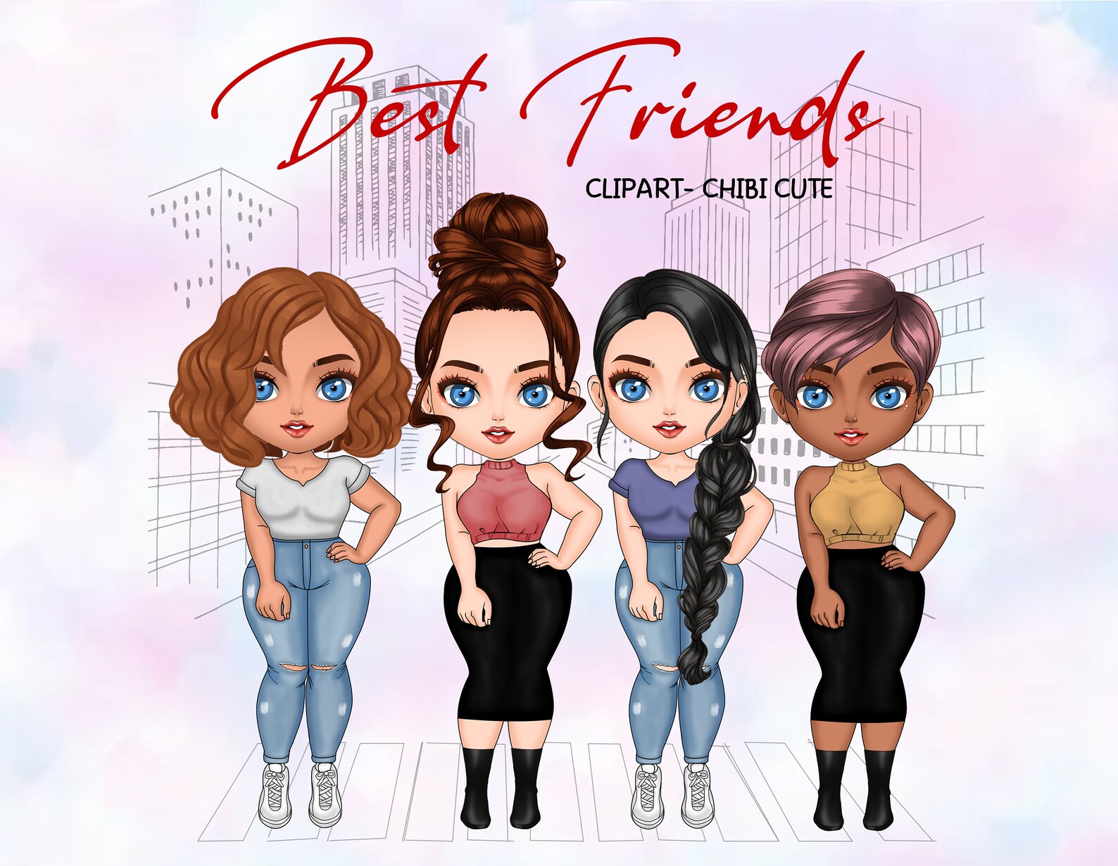 Customizable Best Friends Chibi Cute Clipart Besties Clipart | Etsy