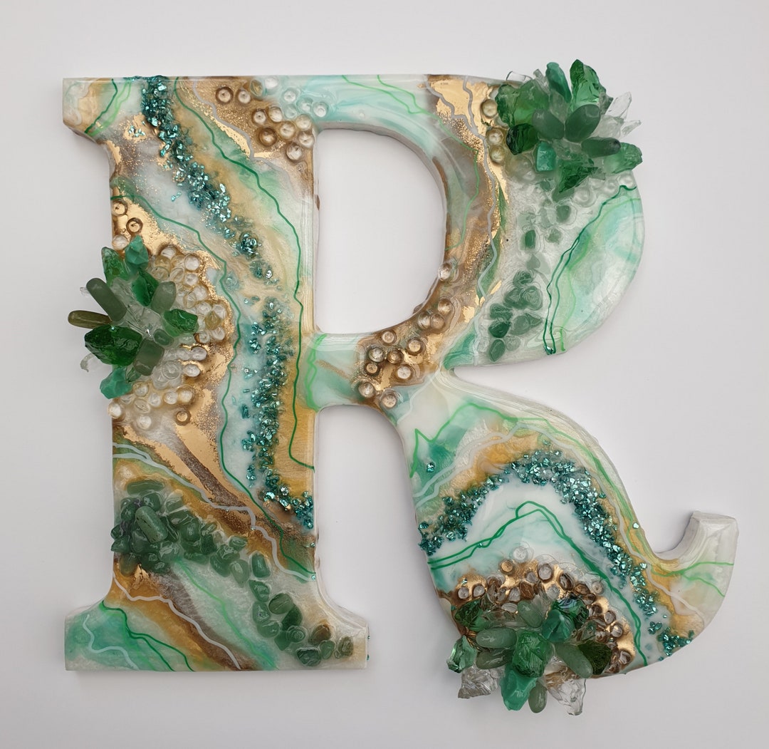 Letter 'R' Resin and Mixed Media Geode-inspired Art 21cm Tall Green ...