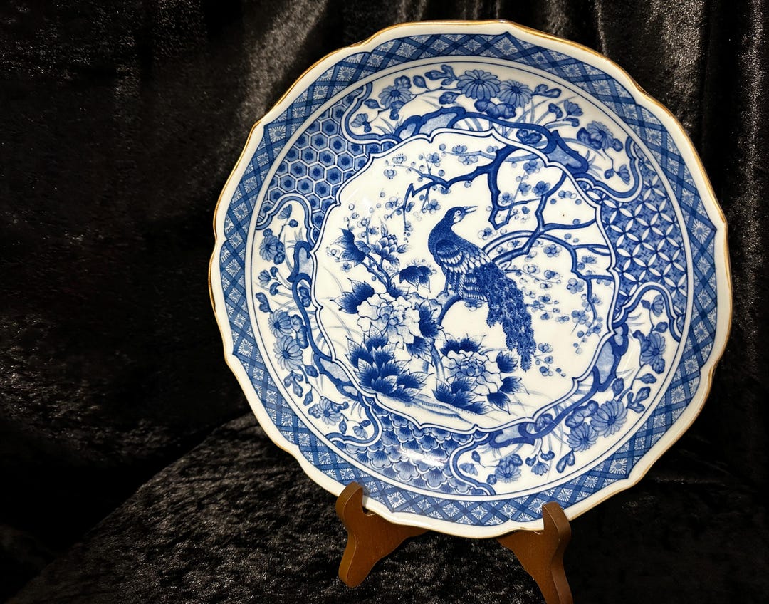 Vintage Japanese Porcelain Plate VTG Bowl Hand Painted Blue White ...