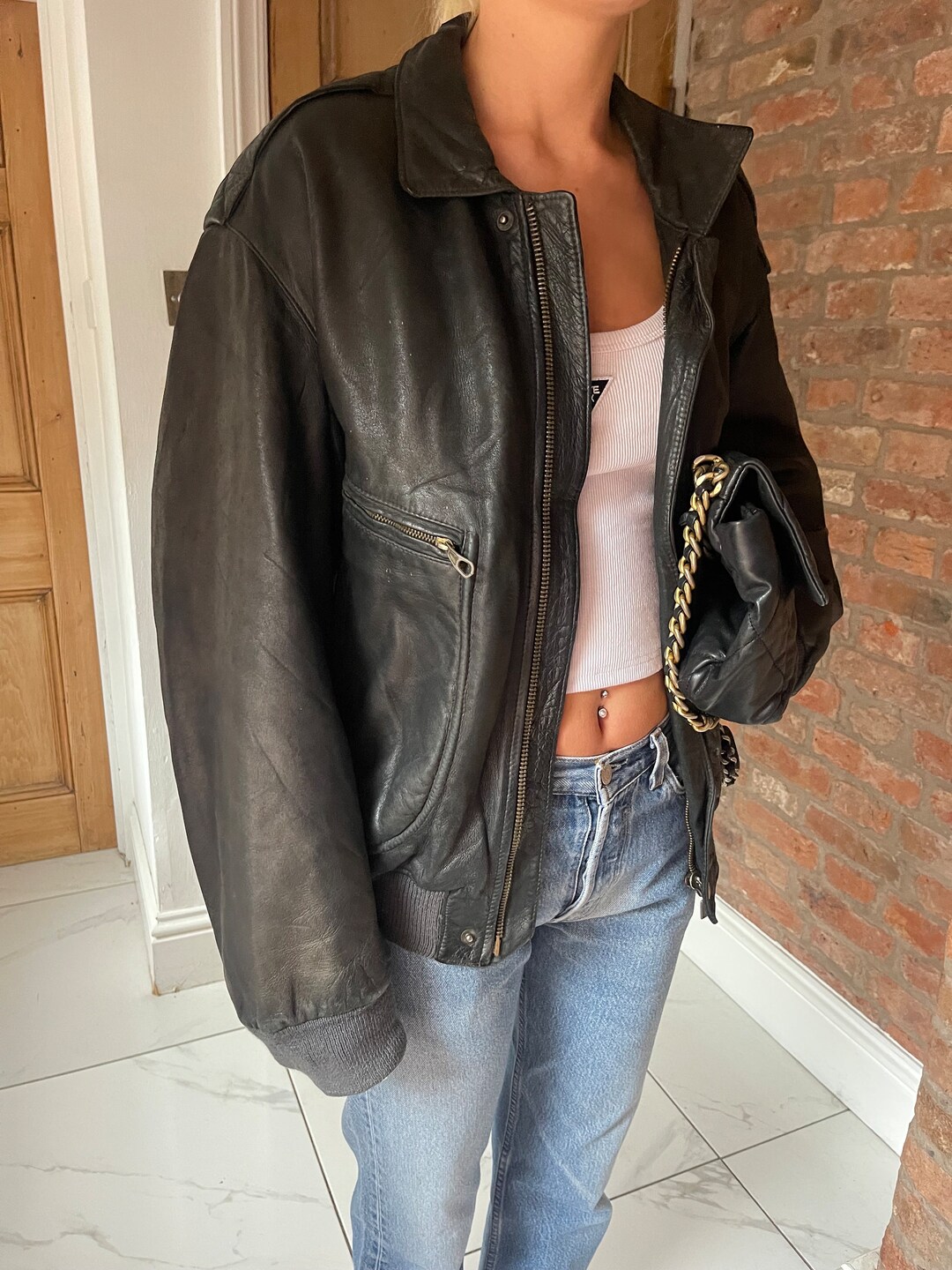 RESERVED 90s Black Oversized Leather Aviator Bomber Jacket Ladies ...