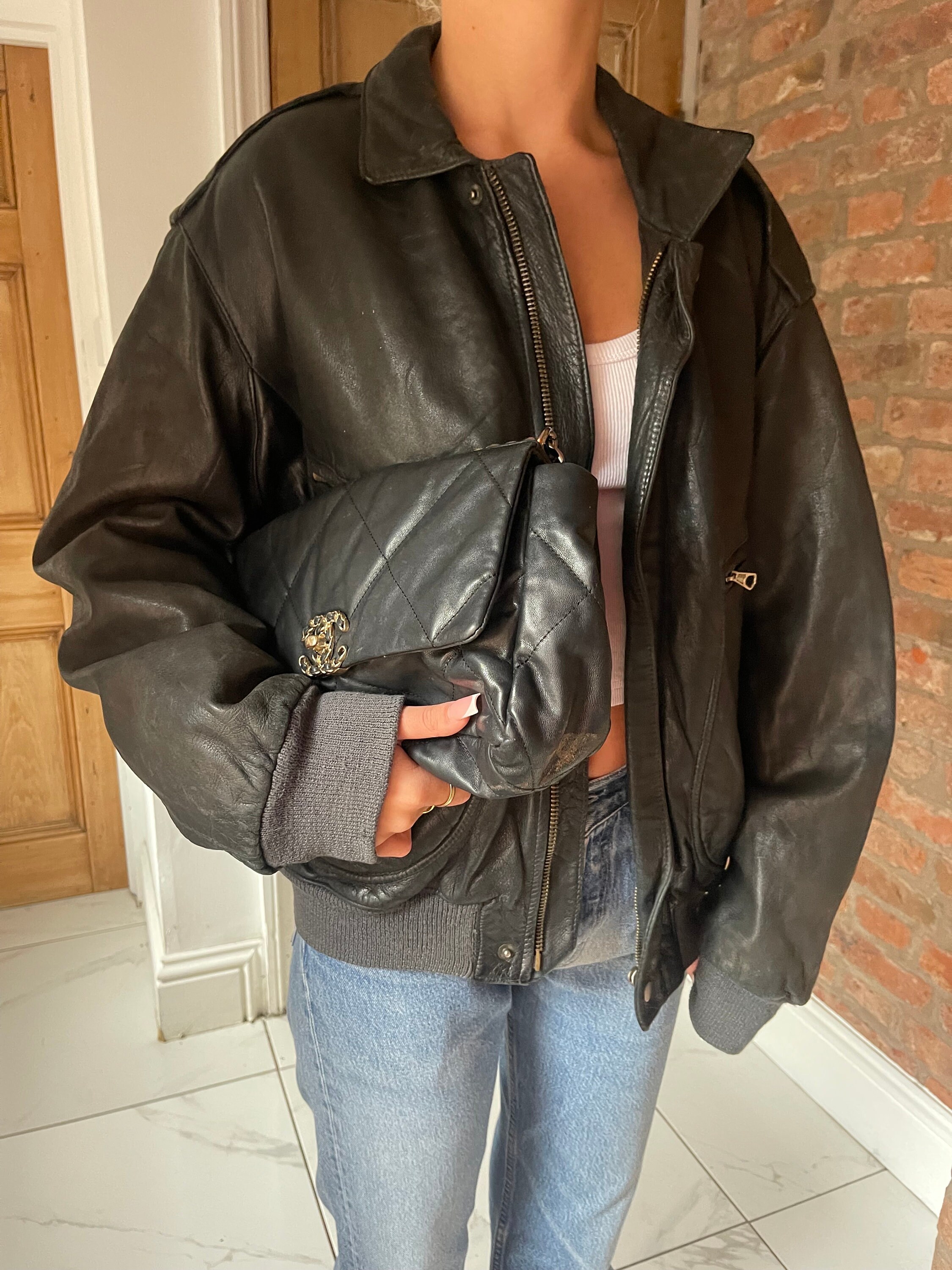 RESERVED 90s Black Oversized Leather Aviator Bomber Jacket Ladies ...