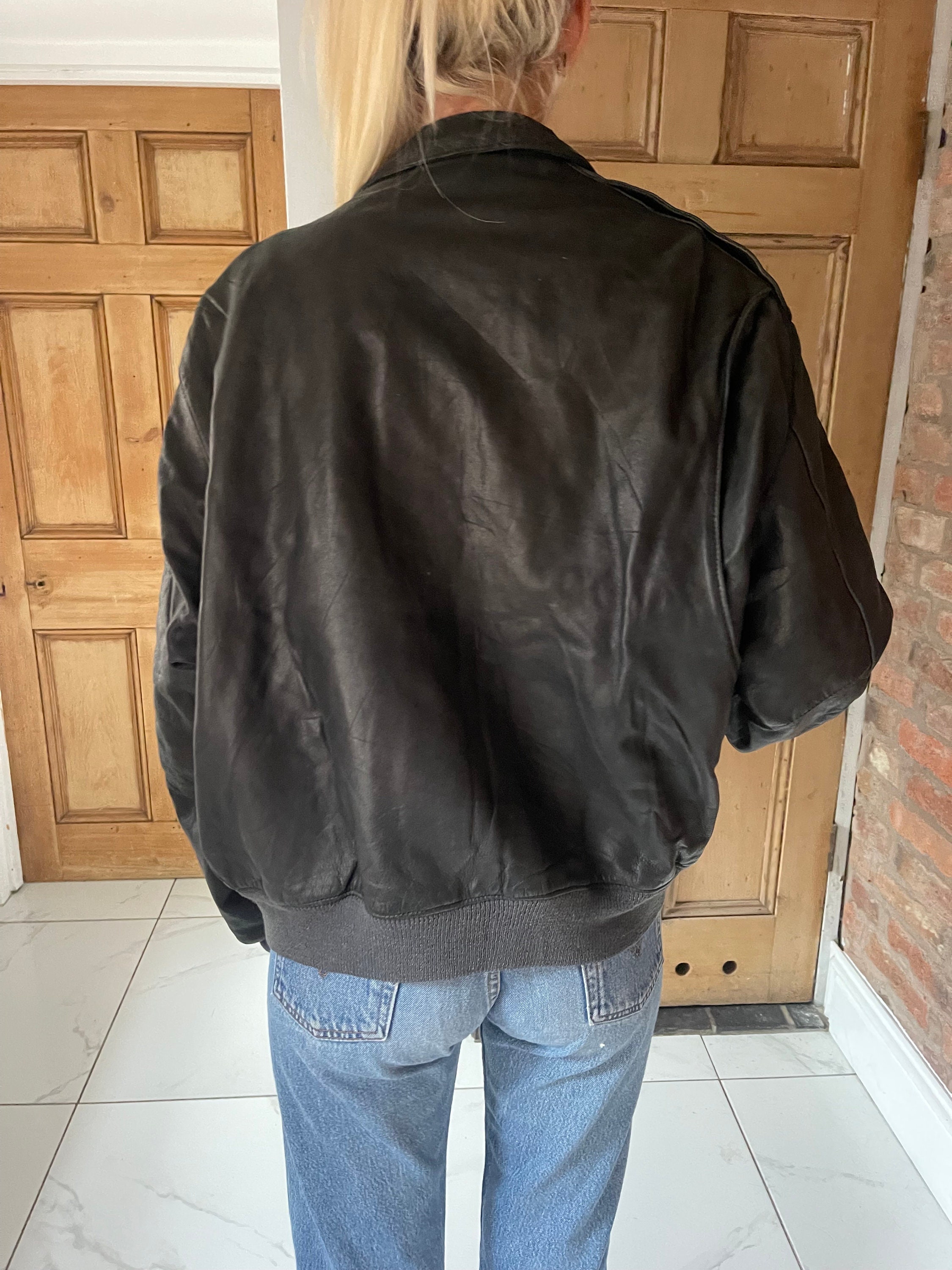 RESERVED 90s Black Oversized Leather Aviator Bomber Jacket Ladies ...