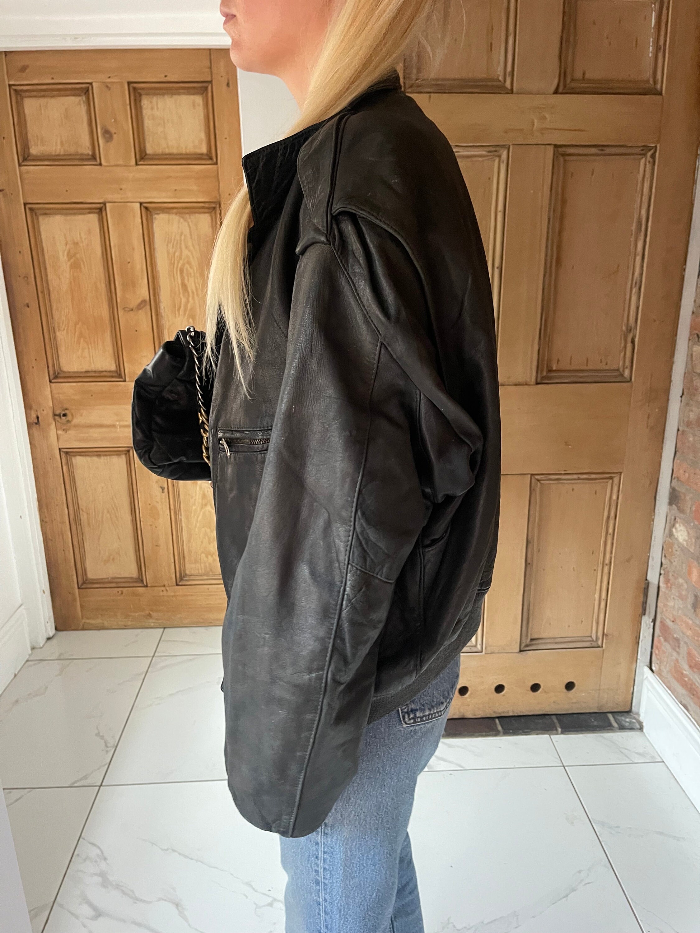 RESERVED 90s Black Oversized Leather Aviator Bomber Jacket Ladies ...