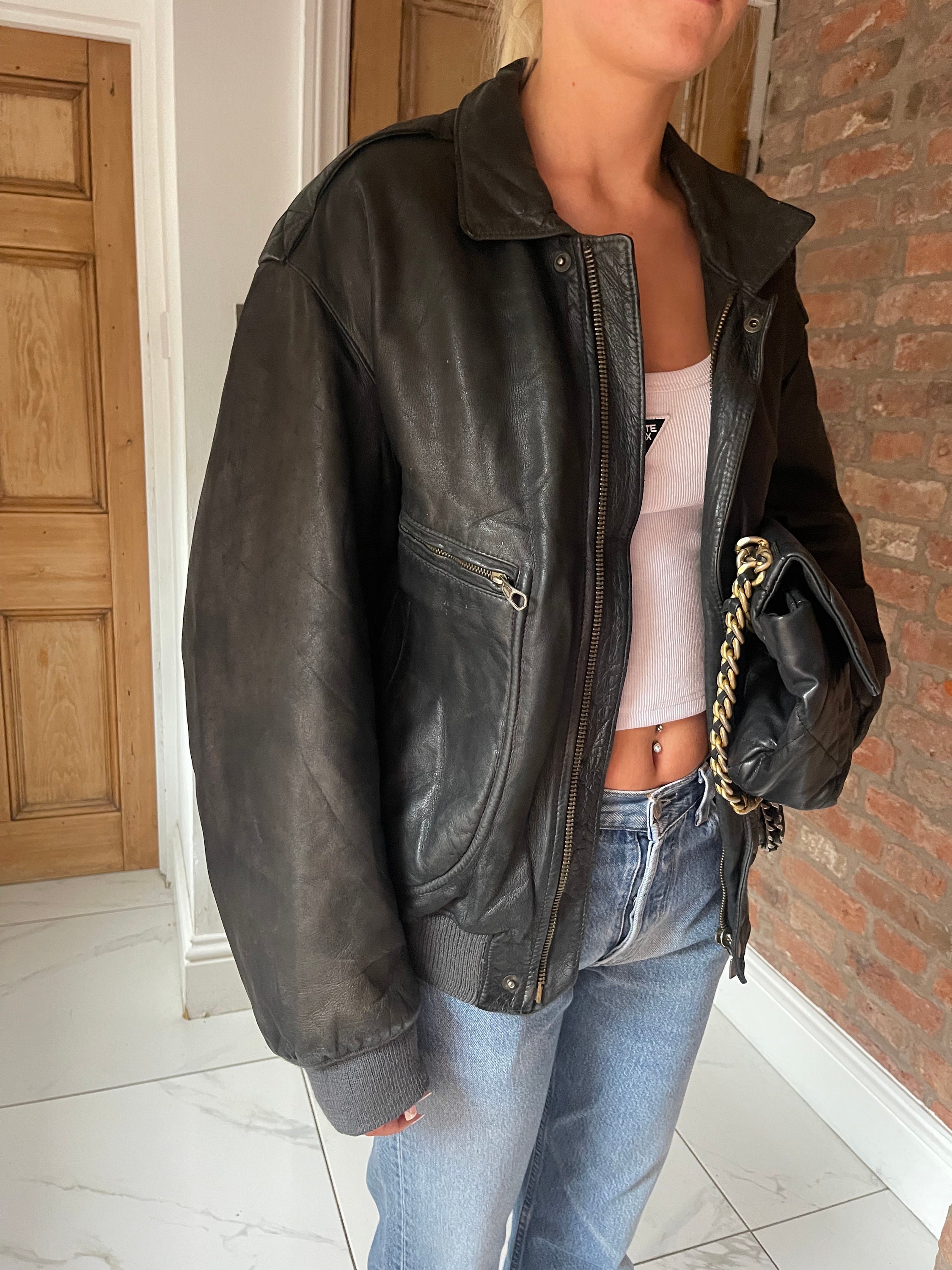 RESERVED 90s Black Oversized Leather Aviator Bomber Jacket Ladies ...