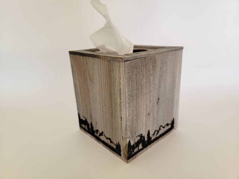 Cabin Style Engraved Barn Wood Tissue Box Holder. Mountain Lodge Scene ...