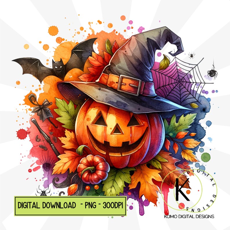 Halloween Floral Watercolour Pumpkin PNG Witch Hat Fall Autumn ...
