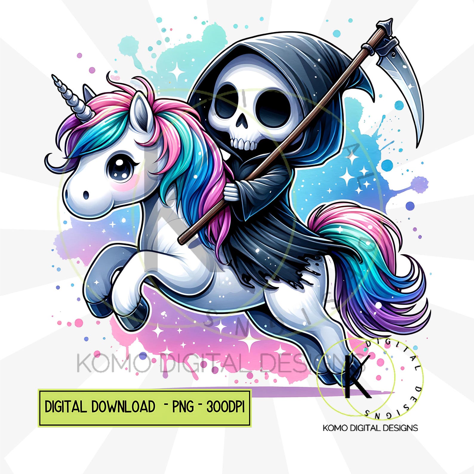 Cute Grim Reaper Unicorn Clipart, Pastel Fantasy PNG, Kawaii Skeleton ...