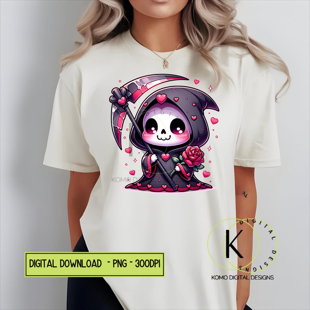 Kawaii Grim Reaper Valentine Clipart, Cute Skeleton With Hearts and ...