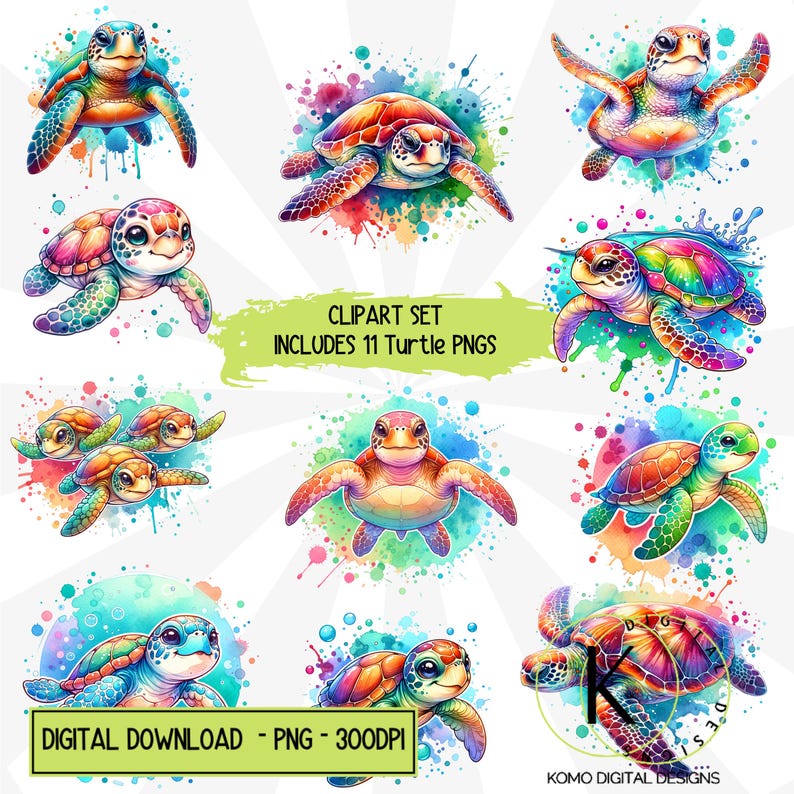 Watercolour Sea Turtle PNG Bundle Sublimation Turtle Clipart Digital ...