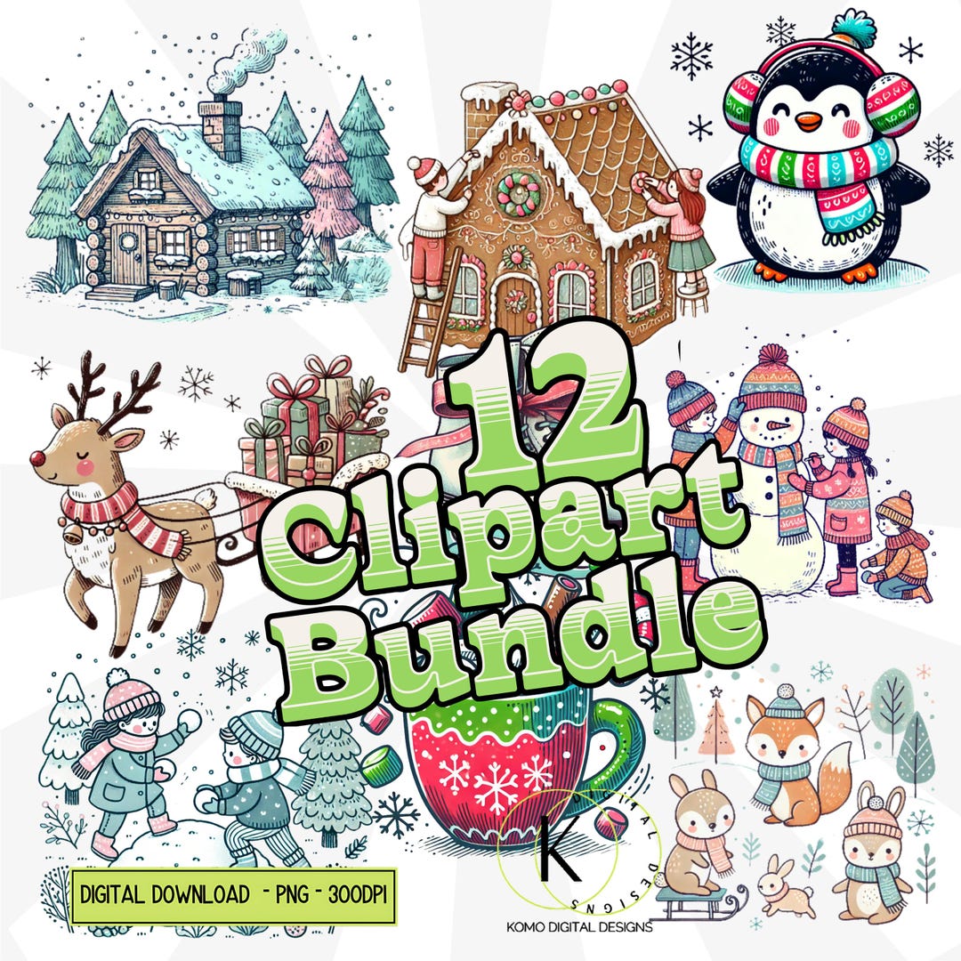 Vintage Winter Clipart Bundle – 12 Hand Drawn Pngs, Snowman, Reindeer ...