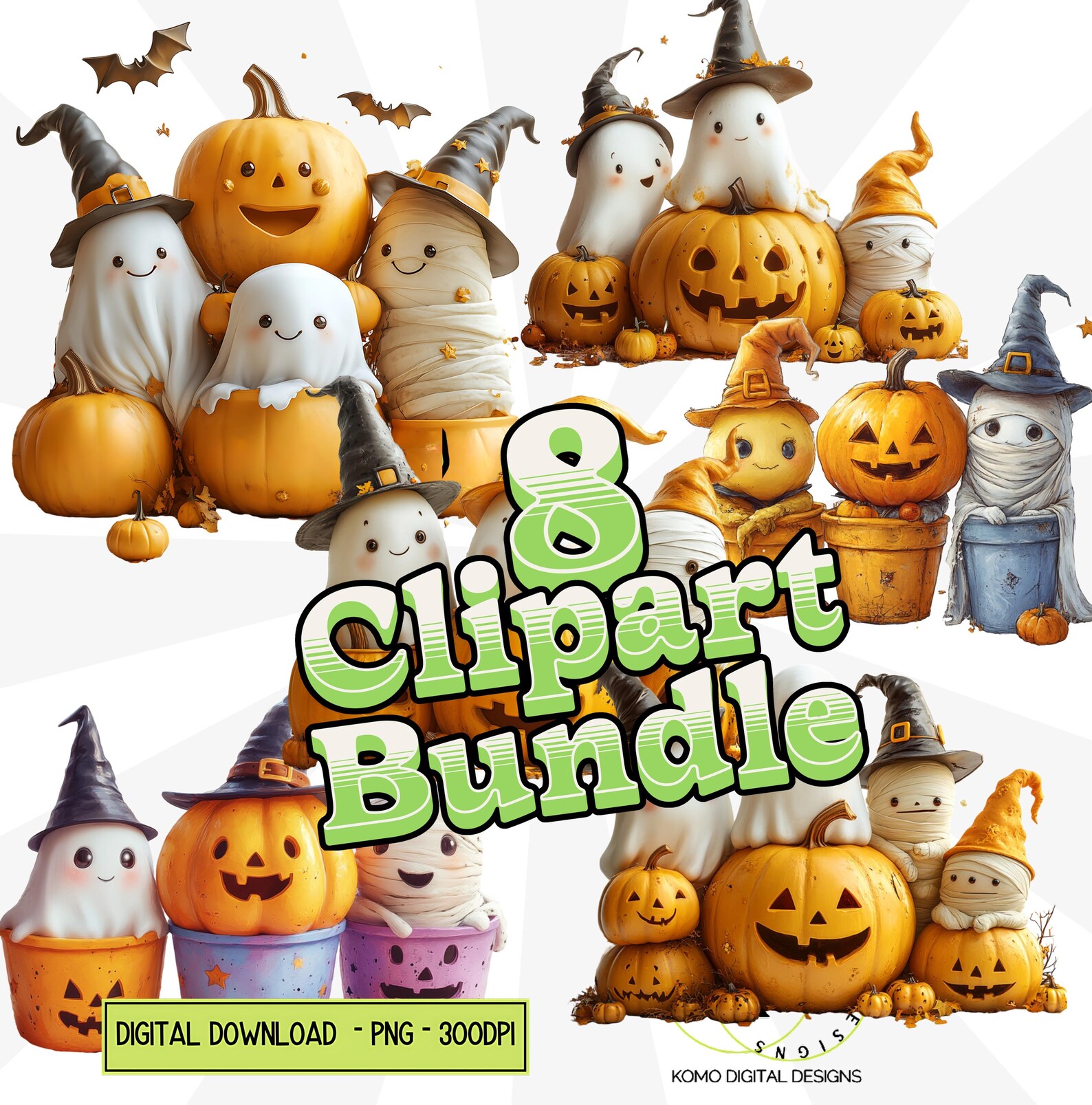 Cute Ghost Watercolor Clipart Bundle: Halloween Retro Tumbler Design ...