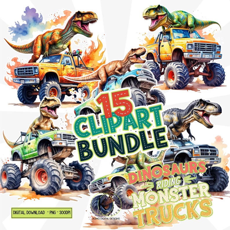 Dinosaur Monster Truck Clipart Bundle - Dino PNG Digital Download - T ...