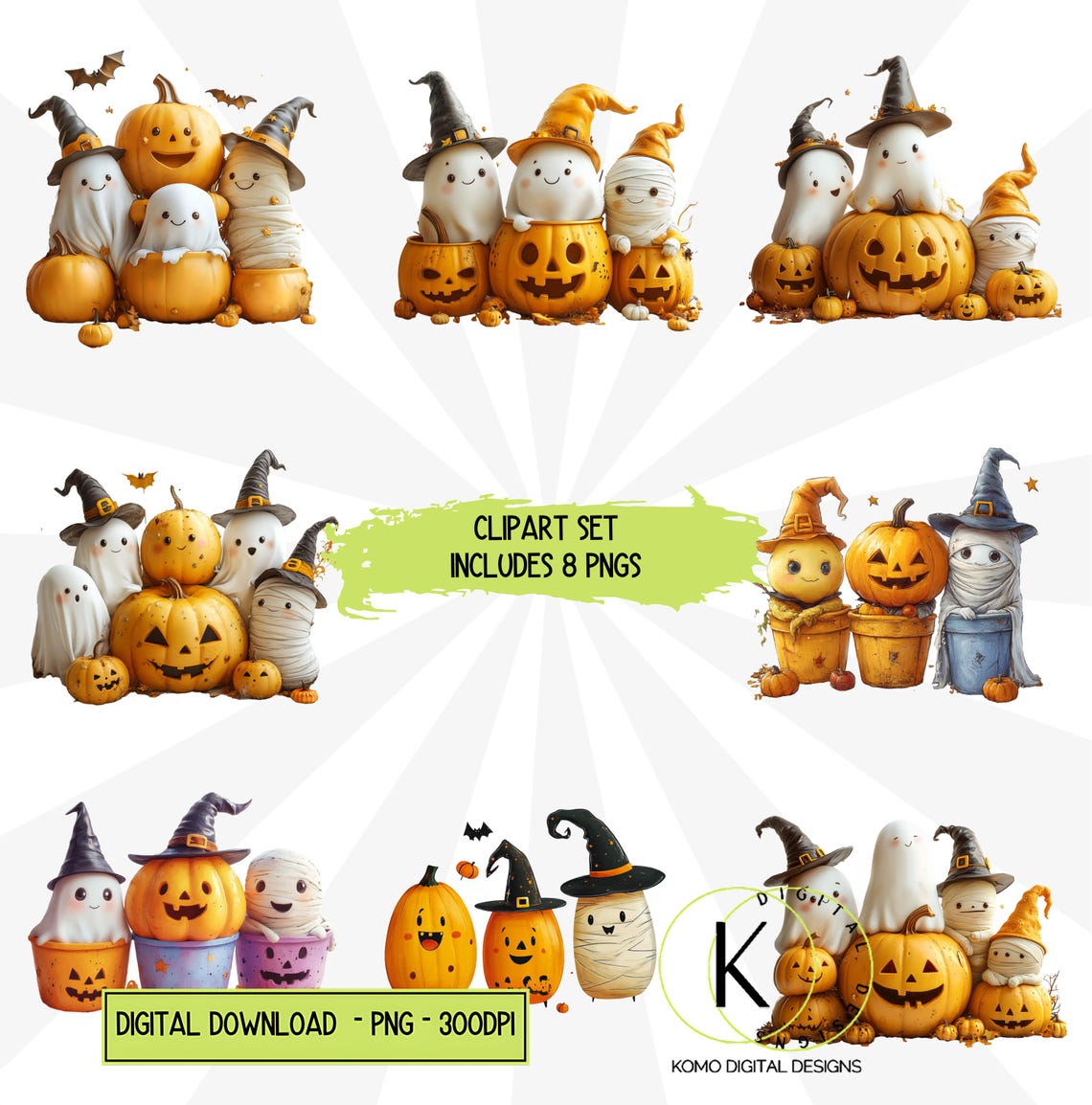 Cute Ghost Watercolor Clipart Bundle: Halloween Retro Tumbler Design ...