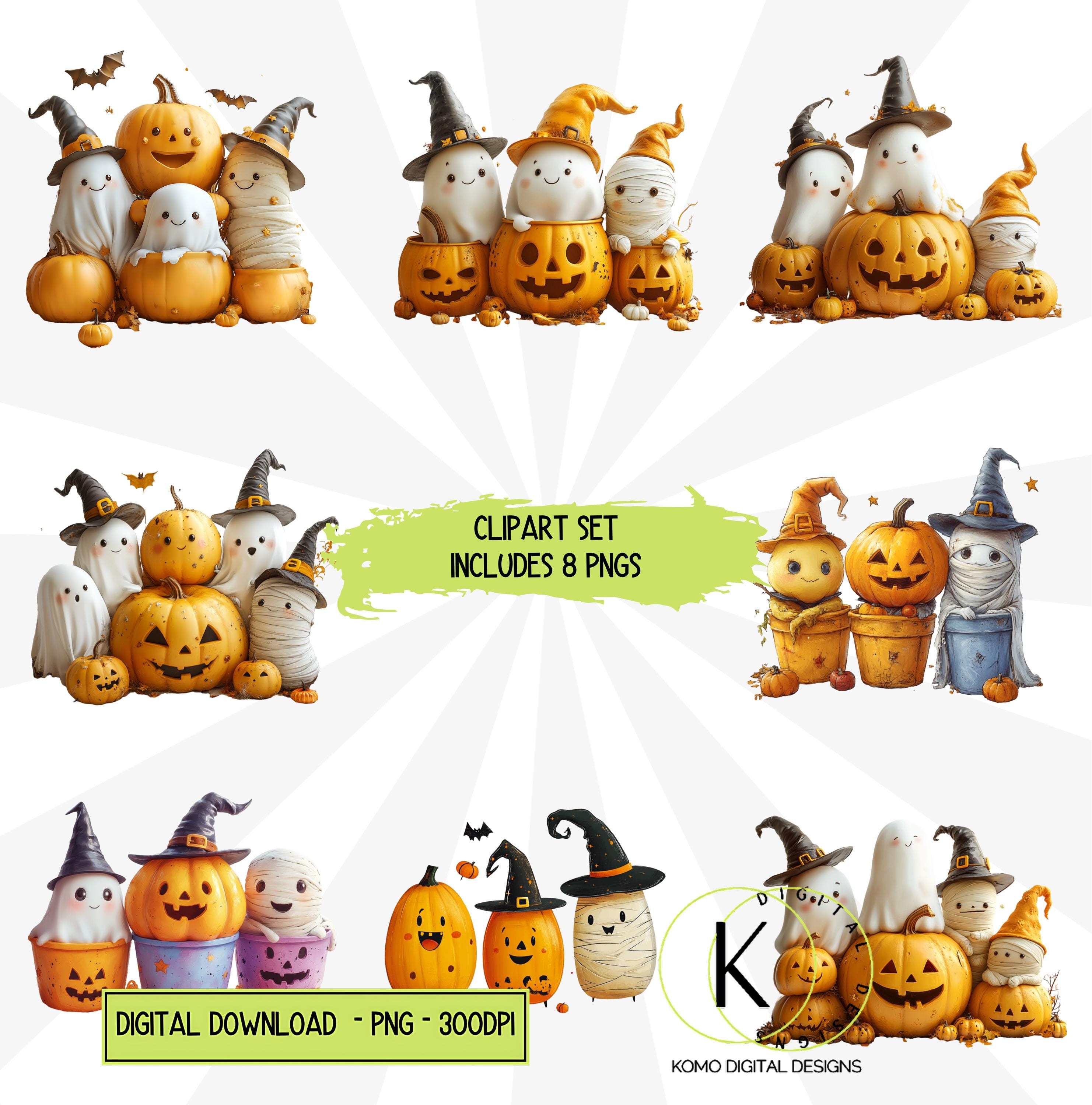 Cute Ghost Watercolor Clipart Bundle: Halloween Retro Tumbler Design ...