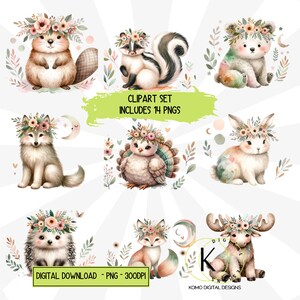Boho Woodland Baby Animal Clipart Bundle Bear Fox Moose Deer Wolf PNG ...