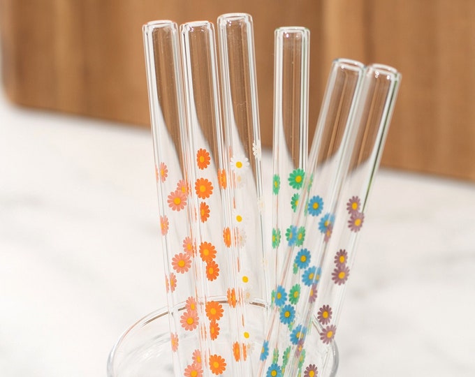 Cute Glass Straw Set, 6 Flower Glass Straws, Eco Friendly Reusable ...