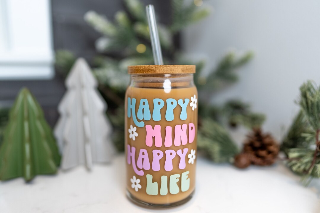Happy Mind Happy Life Glass Cup, Iced Coffee Cup With Lid & Straw, Beer ...