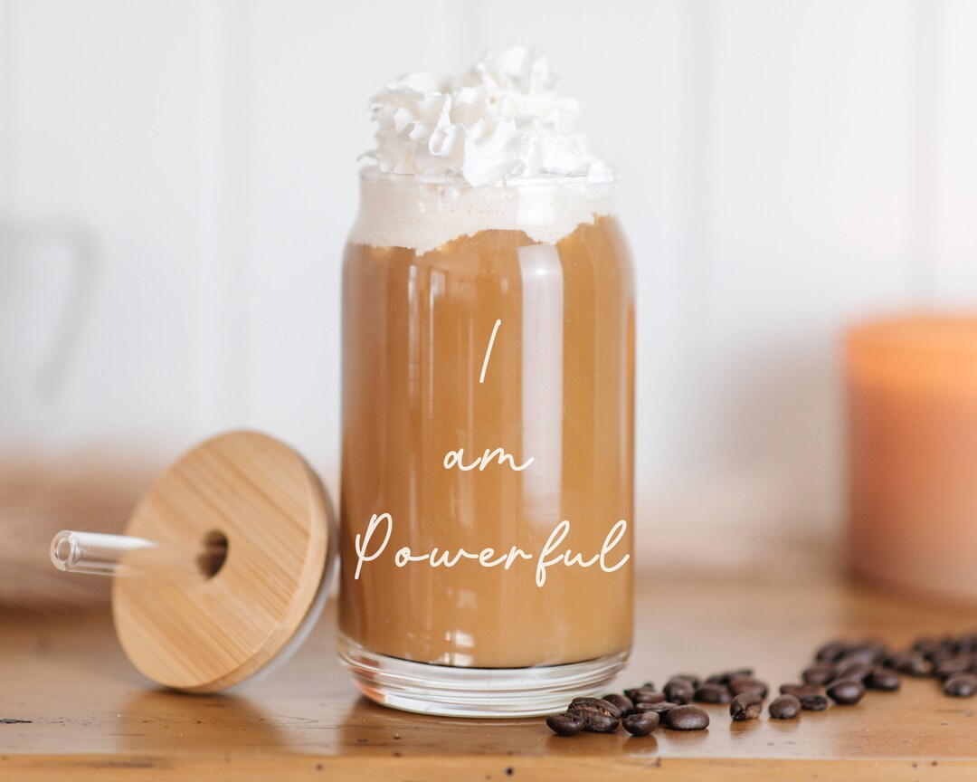Affirmation Glass Cup, Iced Coffee Glass With Lid & Straw, Positive ...