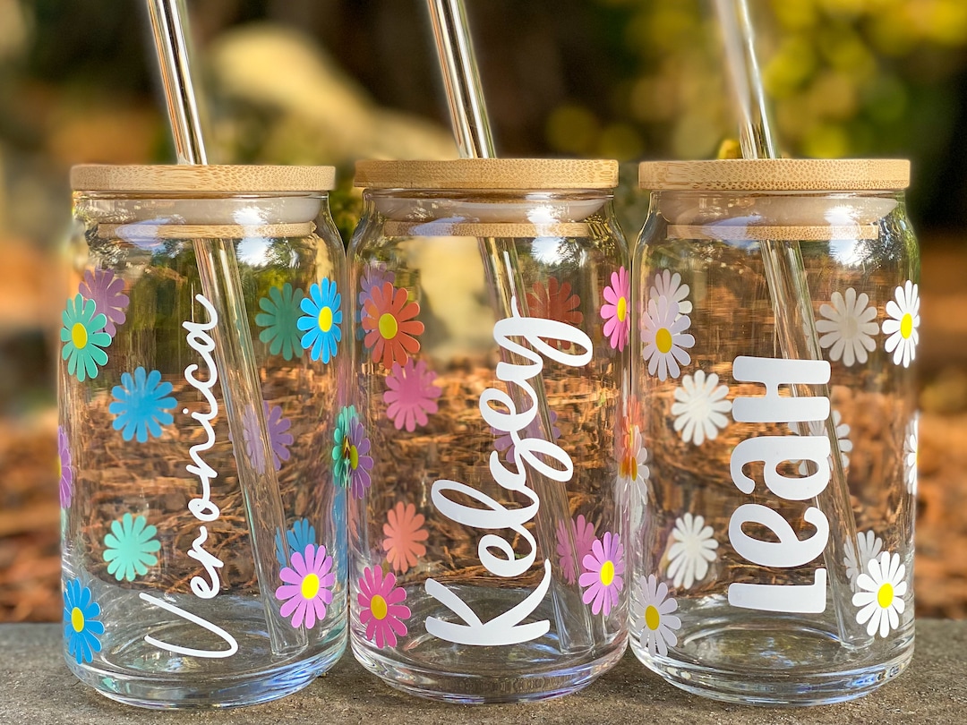Personalized Flower Glass Cup With Name, Iced Coffee Cup With Lid ...