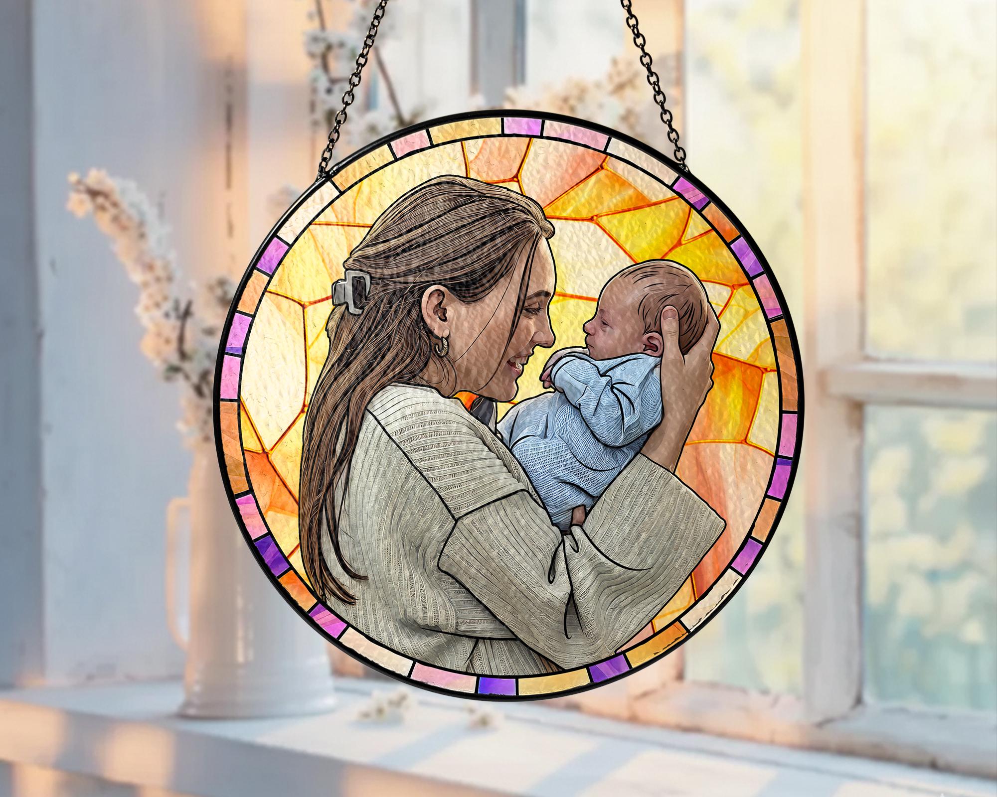 Custom Photo Stained Glass Suncatcher Gift for Mom, Personalized Gift ...