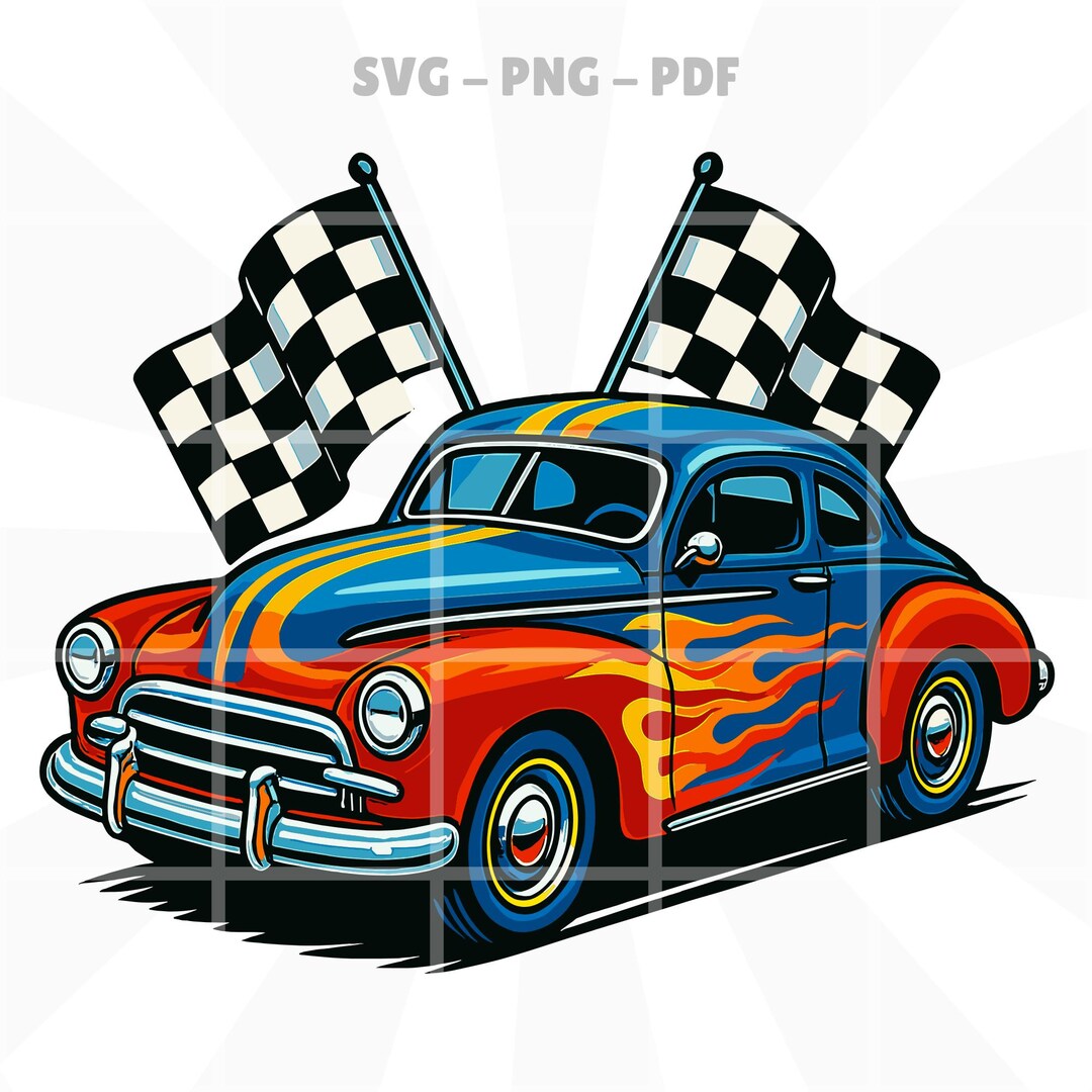 Retro Race Car - Svg Png Pdf – Classic Hot Rod With Flames & Checkered ...