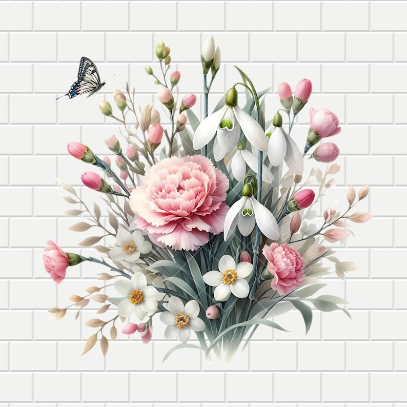 January Birth Month Flowers: Carnation & Snowdrop Bouquet PNG PDF ...