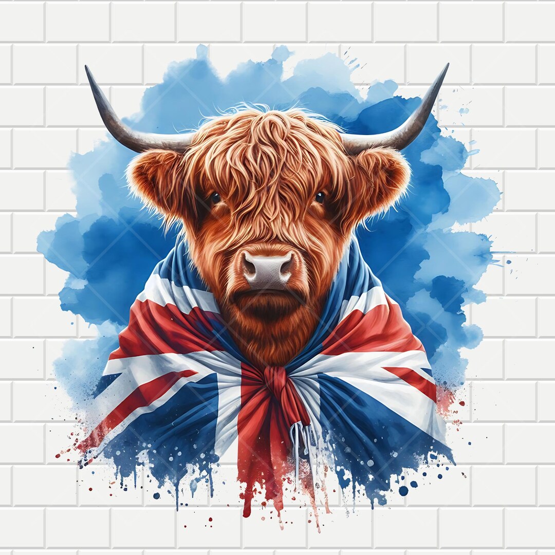 Highland Cow | British Union Flag | Scotland ~ Blue Watercolor ...
